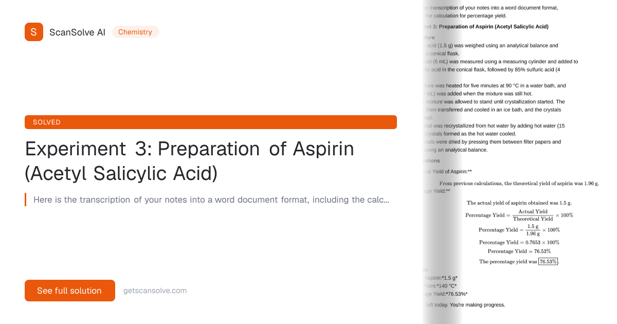Chemistry: Experiment 3: Preparation of Aspirin (Acetyl Salicylic Acid ...