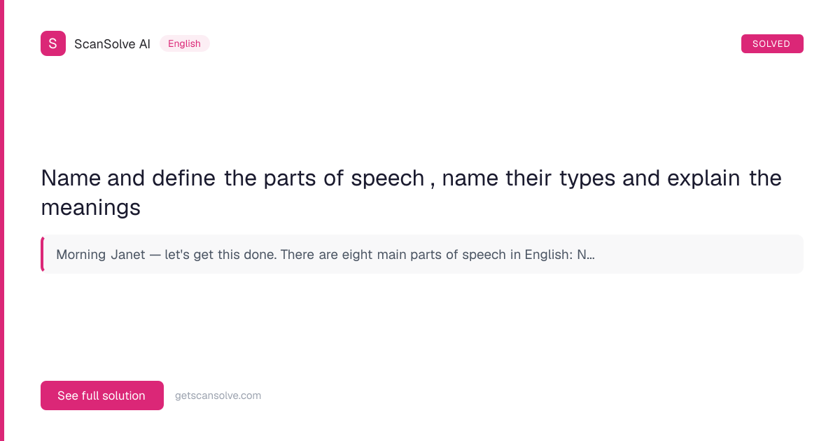 Solved: Name and define the parts of speech… | English | ScanSolve